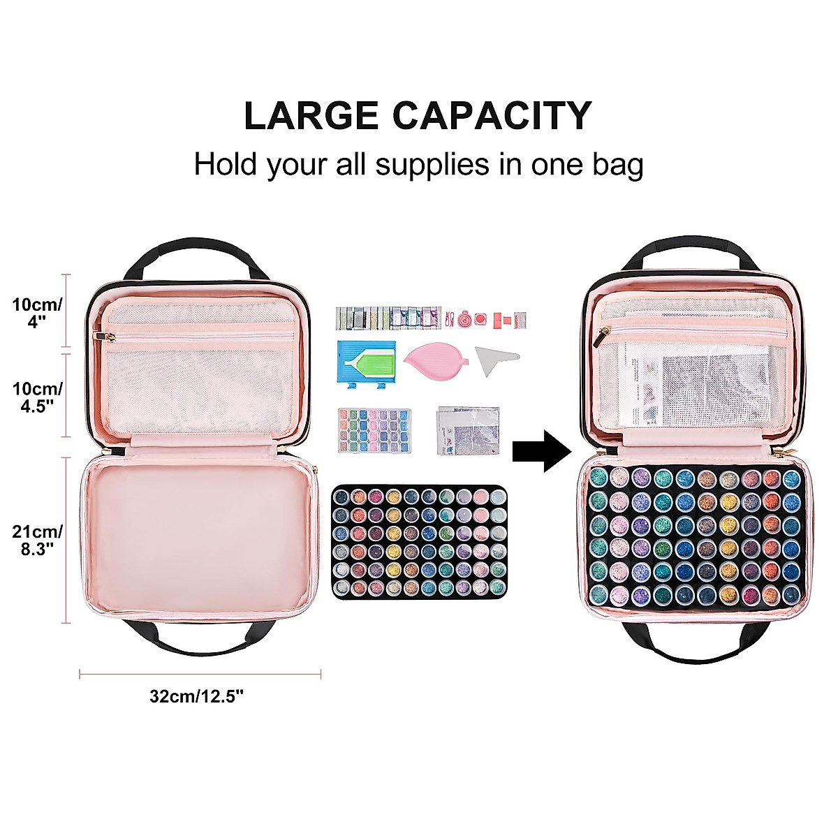 Leudes Diamond Painting Storage Containers, 60 Slots Bead Storage Box for Diamond Art Kits Accessories Organizer Case (Only Bottles and Bag) (Black-1(60 Jars))