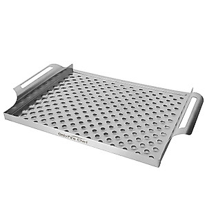 Onlyfire Stainless Steel Grill Basket, Nonstick BBQ Grill Tray Topper Grid Grilling Pan with Perforated Bottom and Handles for Seafood, Meats, Vegetables, Great for Most Grills and Smokers