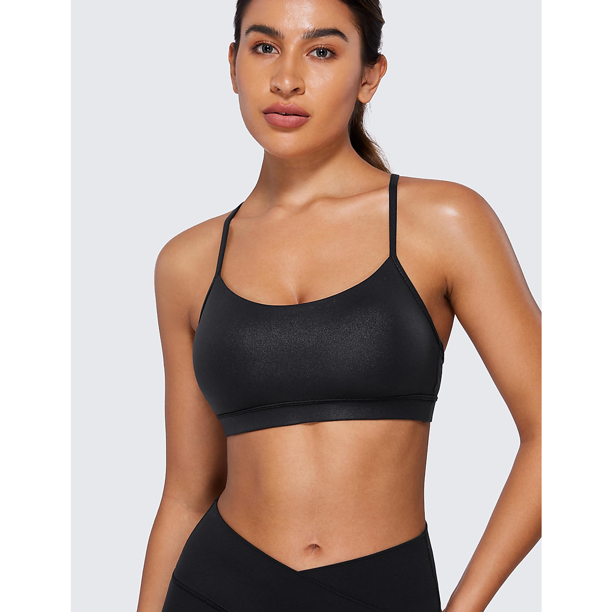 CRZ YOGA Butterluxe Womens Y Back Sports Bra - Padded Racerback Low Impact Spaghetti Thin Strap Workout Yoga Top Faux Leather Black Medium
