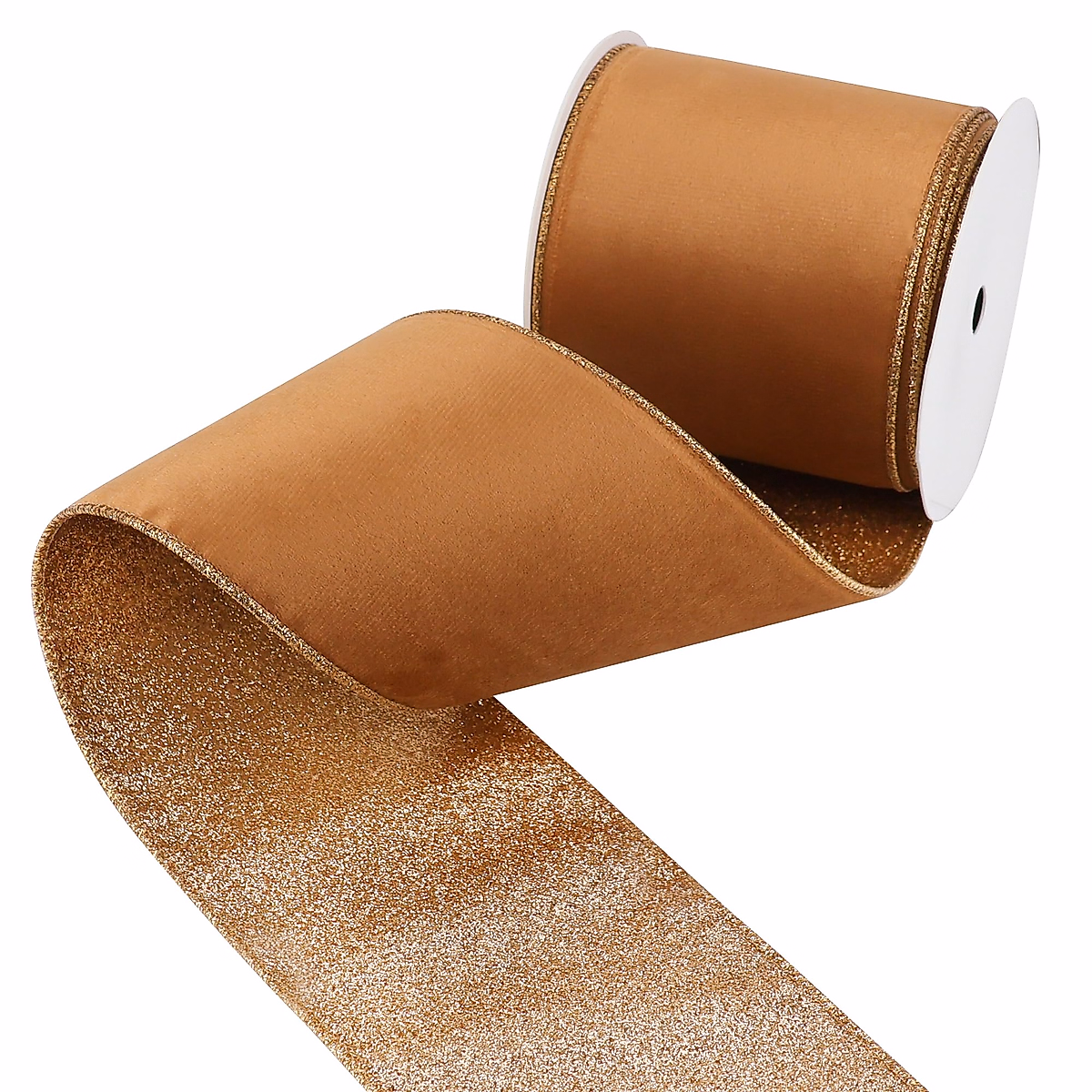 HUIHUANG Velvet Wired Ribbon 4 inch Copper Christmas Tree Ribbon Double-sided Glitter Copper Wire Ribbon for Christmas Tree, Wreaths, Tree Top Bows, Garland, Home Decor-10 Yards