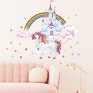 Unicorn Wall Stickers Unicorn Wall Decals with Rainbow Castle Removable Wall Art Decor for Kids Boys Girls Bedroom Nursery Bedroom Party Home Decoration