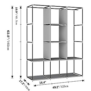 GHQME Fabric Wardrobe with 3 Drawers, Portable Clothes Closet Storage Organizer with Compartments and Rods (Black, 49.2” x 17.3” x 63.8”)