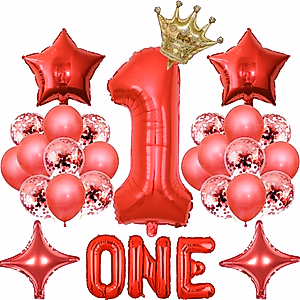 Red One Balloon for First Birthday, Red 1 Balloon with Confetti Balloons Set, Red Star Balloons, Crown Balloons for 1st Birthday Girl Decoration, Number One Balloon for 1st Birthday Balloons Décor