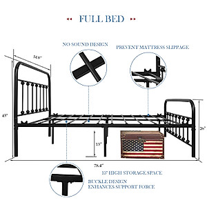 YALAXON Vintage Sturdy Full Size Metal Bed Frame with Headboard and Footboard Basic Bed Frame No Box Spring Needed，Black