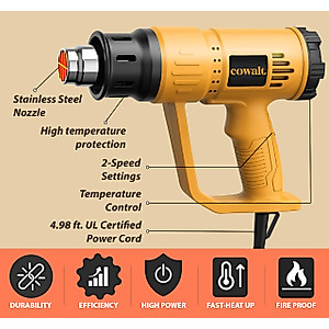 COWALT Heat Gun 1800W Fast Heating for Vinyl Wrap, Crafting, Shrink Tubing, Paint, Epoxy Resin, Candle Making Variable, Adjustable Temperature, Overload Protection Hot Air Gun Kit Nozzles, Scraper