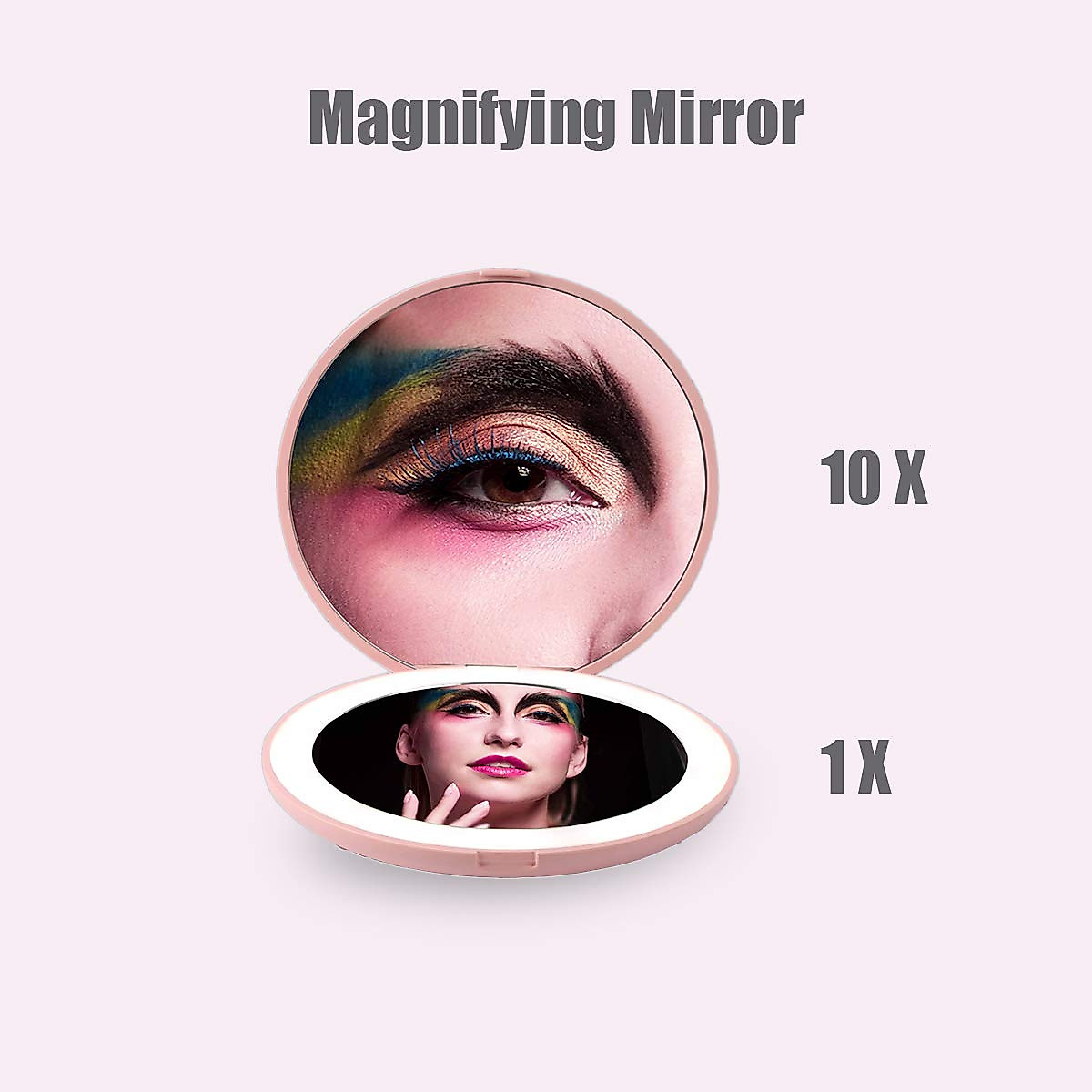 WOBANE LED Travel Makeup Mirror, 3.5 inch Lighted Compact Mirror, 10X Magnification, Handheld, Double Sided, Portable Folding Mirror for Pocket, Purse, Gift, Pink, Round