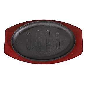 Yardwe Cast Iron Steak Pan, Round Sizzling Plate Fajita Skillet Steak Plate with Wooden Base for Kitchen Restaurant