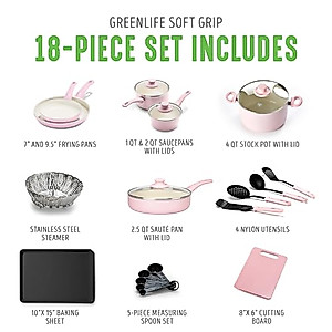 GreenLife Soft Grip Healthy Ceramic Nonstick 18 Piece Kitchen Cookware Pots and Frying Sauce Saute Pans Set, PFAS-Free with Kitchen Utensils and Lid, Dishwasher Safe, Soft Pink