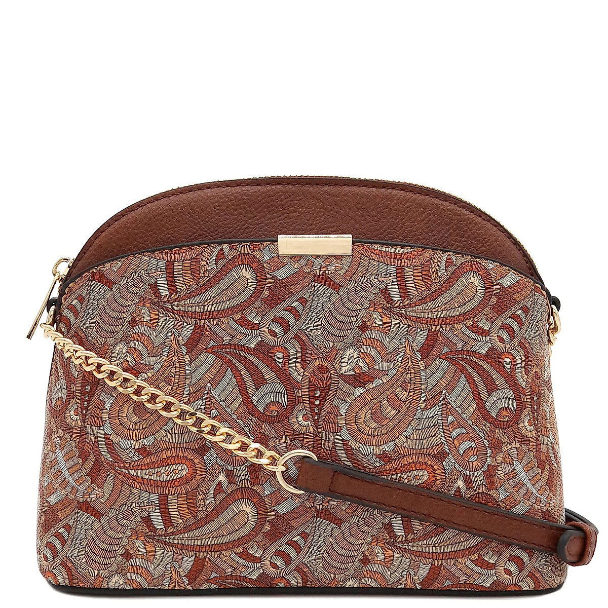FashionPuzzle Paisley Print Small Dome Crossbody with Chain Strap (Brown/Brown)