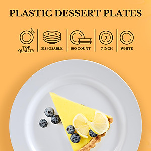 FOCUSLINE 100 Count White Plastic Plates 7 Inch, Disposable Heavy Duty Plastic Dessert Plates- Premium Hard Plastic Plates Fancy Disposable White Plates for Weddings, Parties and Events