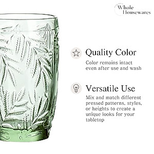 WHOLE HOUSEWARES | Glass Tumblers | Set of 6 Drinking Glasses | 11.5 oz Embossed Design | Vintage Drinking Cups for Water, Iced Tea, Juice | Wedding, Party Glassware Sets (Green)