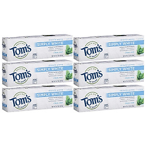 Tom's of Maine Natural Simply White Fluoride Toothpaste, Clean Mint, 4.7 oz. 6-Pack (Packaging May Vary)