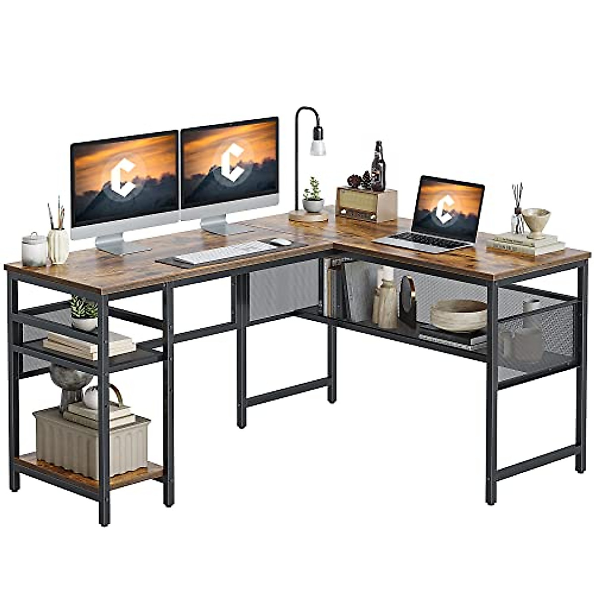 CubiCubi L Shaped Desk with Storage, 59.1 Inch Corner Computer Desk with Shelves, Home Office Workstation for Study or Working, Rustic Brown