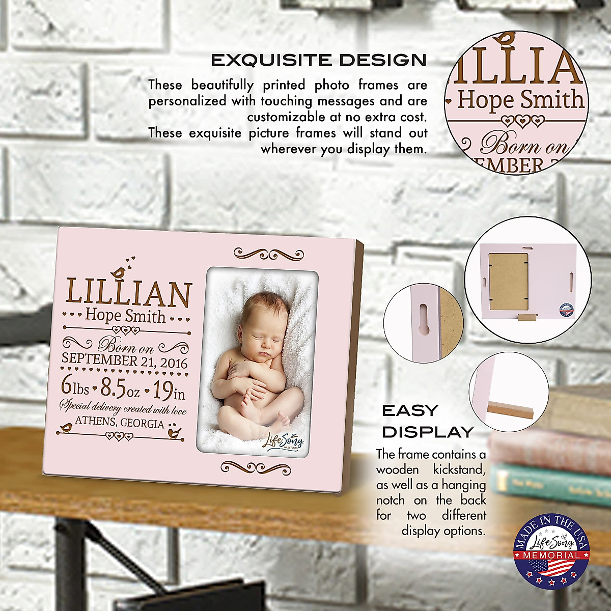LifeSong Milestones Personalized Picture Frame New Baby Birth Announcement Picture Frame Holds 4x6 Photo Wall Decor Nursery Decor Baby Room Decor Modern Wall Decor Baby Keepsake Products