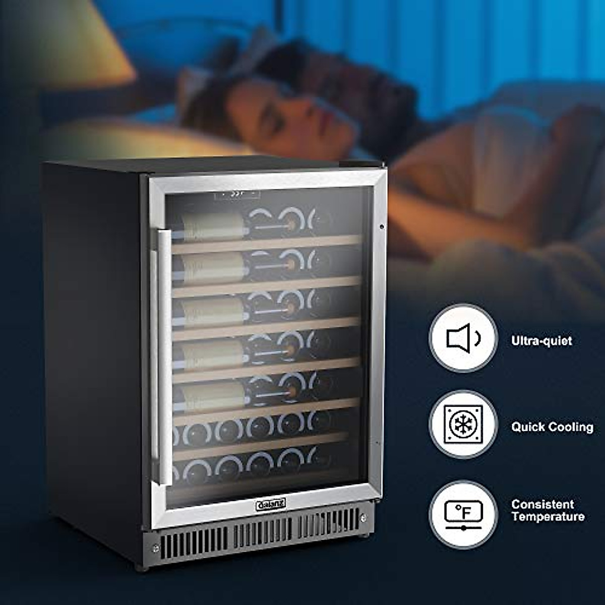 Galanz GLW57MS2B16 47 Bottle Built in Wine Refrigerator, Digital Temperature Control, White LED Interior Lighting, 5.7 Cu. Ft., Stainless Steel