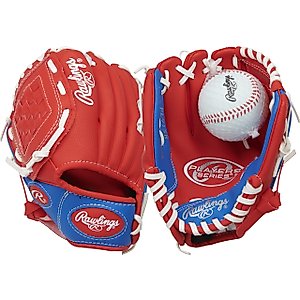 Rawlings | PLAYERS Series T-Ball & Youth Baseball Glove | Left Hand Throw | 9" | Red/Blue with Ball