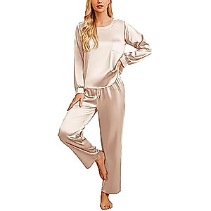 Ekouaer Silk Pjs Set Soft Two Piece Sleepwear Silk Satin Pajamas Long Sleeve Comfy Lounge Sets for Women 2 Piece Pajamas Champagne M