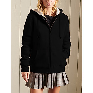 Yeokou Women's Casual Full Zip Up Sherpa Lined Hoodie Sweatshirt Jacket Coat (Medium, Black)