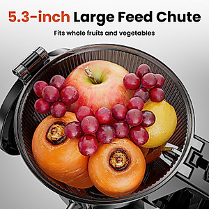 Cold Press Juicer, JoyBear Slow Masticating Machines with 5.3" Extra Large Feed Chute Fit Whole Fruits Vegetables Easy Clean Self Feeding Effortless for Batch Juicing, High Juice Yield, BPA Free 200W