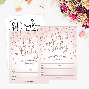 25 Blush Rose Gold Girl Oh Baby Shower Invitations, Cute Princess Printed Fill or Write In Blank Invite, Printable Shabby Chic Unique Custom Vintage Coed Twin Sprinkle Party Card Stock Paper Supplies