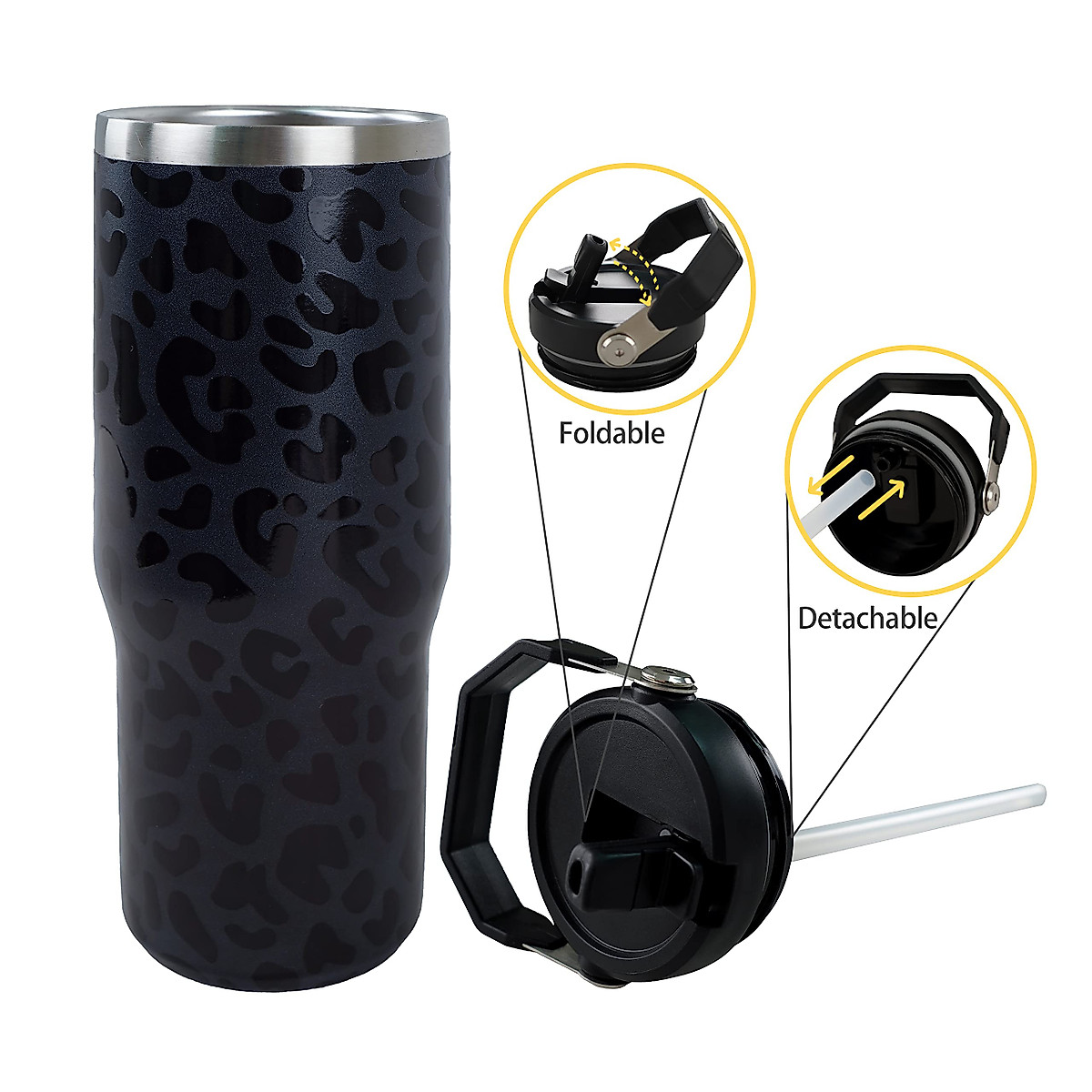 30oz Black Leopard Tumbler with Handle and Straw, Stainless Steel Vacuum Insulated Coffee Tumbler, Travel Mug Water Bottle, Leopard Stuff Accessories Decor, Leopard Gifts for Women