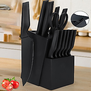Knife Set, 14 Pieces Kitchen Knife Set with Built-in Sharpener Block, Self Sharpening Knives Sets, Stainless Steel Knife Block Set, Black