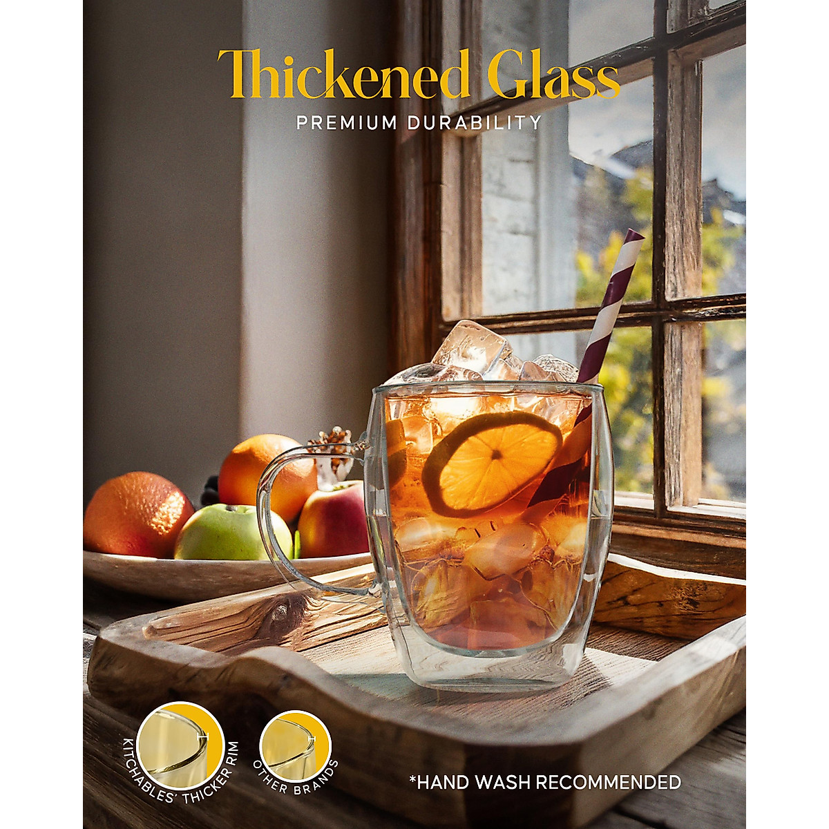 Kitchables Double Walled Glass Coffee Mugs Set of 2, 12oz - Insulated Glass Coffee Mug For Cappuccino, Latte, Tea, Espresso - Latte Cup - Tazas Para Cafe