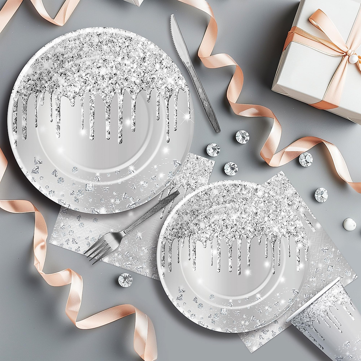 YJRJSC Silver Plates And Napkins Party Supplies - Silver Party Decorations Tableware For Birthday Bridal Shower, Paper Plate, Napkin, Cup, Cutlery, Diamonds Silver Glitter Table Decorations | Serve 24