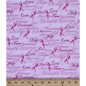 Cotton Pink Breast Cancer Words Calligraphy Bows Cotton Fabric Print by The Yard (D561.17)