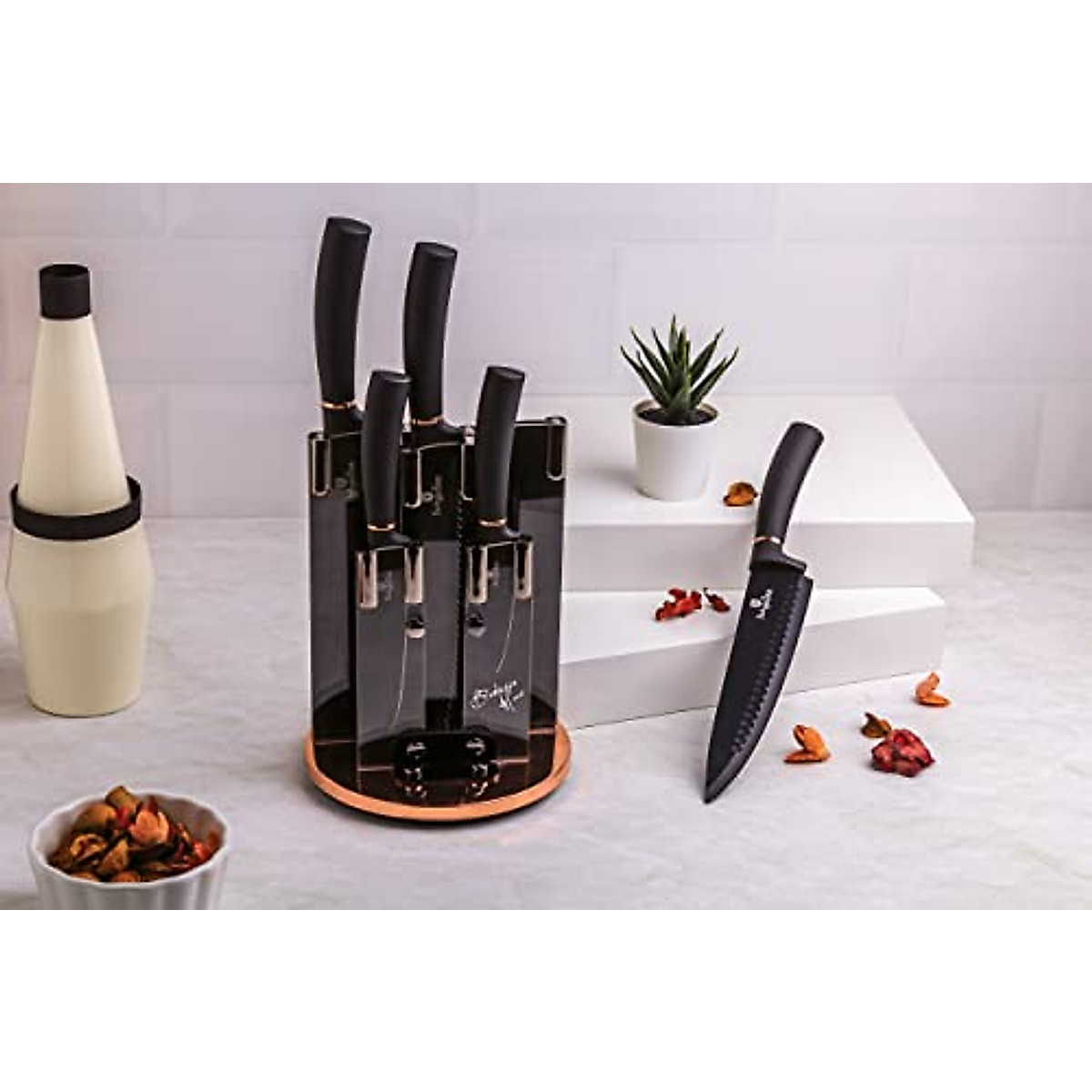 Berlinger Haus Kitchen Knife Set with Block, 6 Piece Knives Set for Kitchen, Elegant Cooking Knives with Ergonomic Soft-Touch Handle, Sharp Cutting Stainless Steel Chef Knife Set with Acrylic Stand