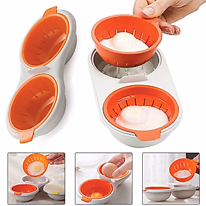 AKOAK 1 Pack Egg Poacher, Double Drain Egg Boiler, 2 - Chamber Microwave Egg Cooker Kitchen Cooking Gadgets, Drain Egg Boiler for Microwave or Stove - Orange