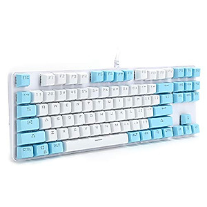 ASHATA Mechanical Keyboard, 87 Keys LED Backlit Mechanical Keyboard, Blue Switch Mixed Light Compact Mechanical Gaming Keyboard for PC Desktop Laptop (White Blue)