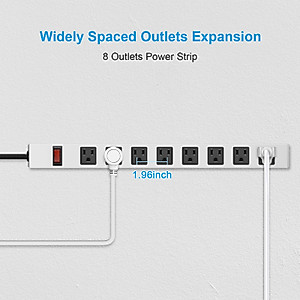 JUNNUJ Metal 8 Outlet Power Strip, Mountable Heavy Duty Power Strip, 1200J Surge Protector Wall Mount Screws Outlet with Switch, Gaming Desk Strips Wide Spaced 15A 125V 1875W, 6 FT 14AWG Power Cord