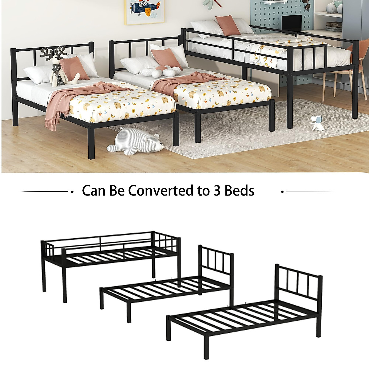 Harper & Bright Designs Triple Bunk Beds for Kids, Metal Twin Over Two Twin Bunk Bed Frame, 3 Beds Bunk Beds with Storage Shelf for Three Kids Boys Girls, Black