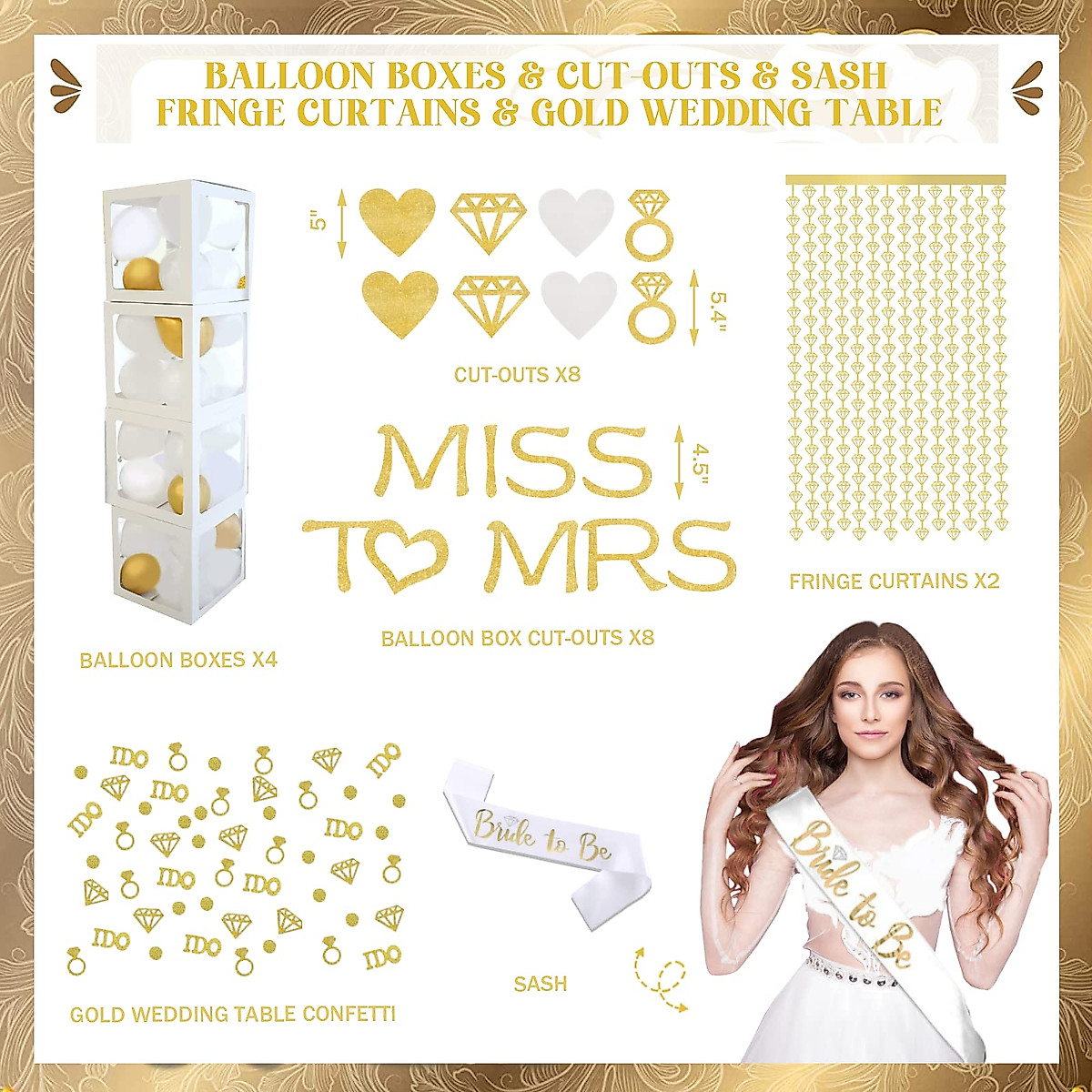 Hombae Engagement Party Decorations, Gold and White Bridal Shower Dimond Fringe Curtain Balloon Garland Leaves He Asked She Said Yes Banner Cake Cupcake Topper Box Cutout I Do Confetti Sash