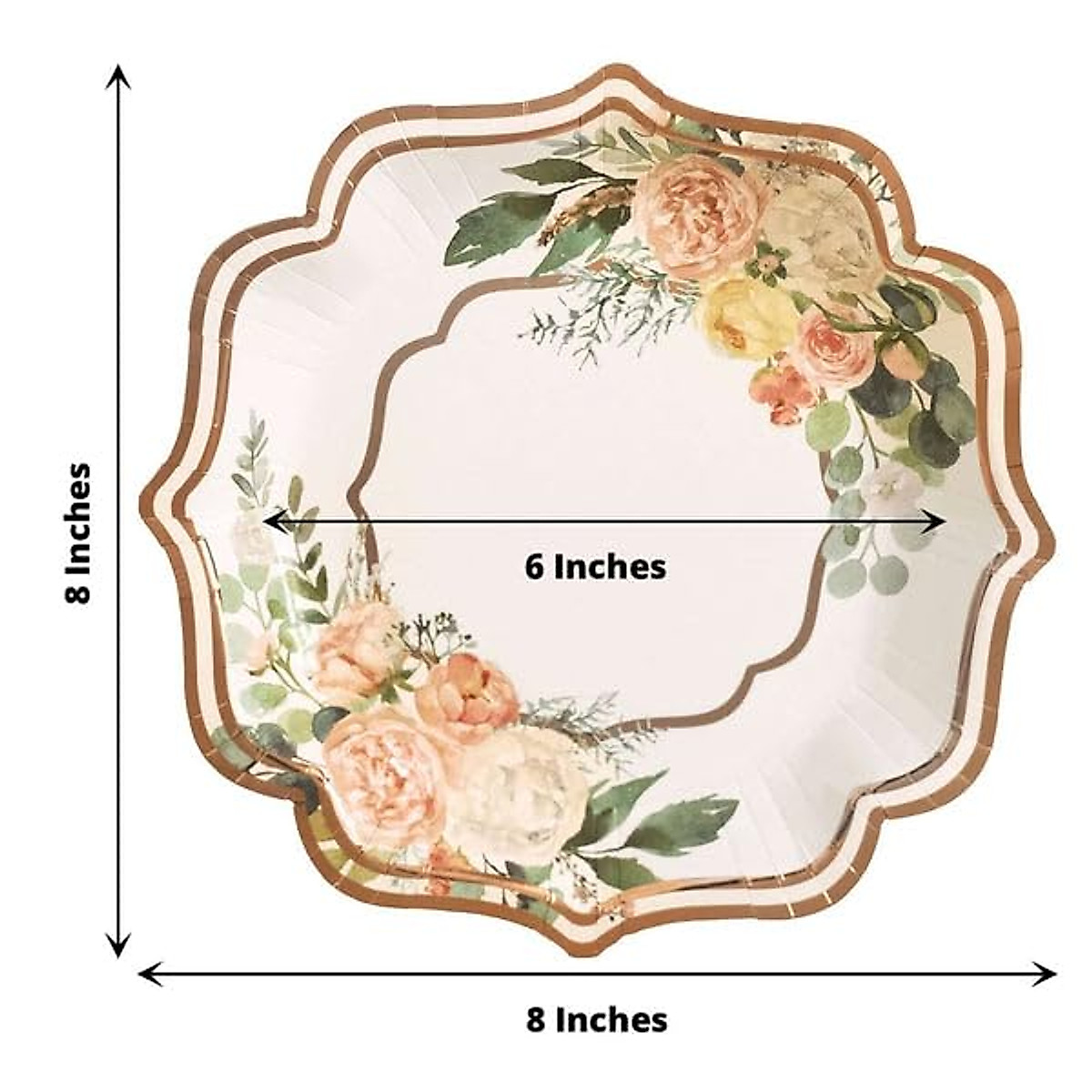 Tableclothsfactory 25 Pack | Floral 8" Scallop Rim Dessert Appetizer Party Paper Plates, Disposable Salad Plates - 300 GSM
