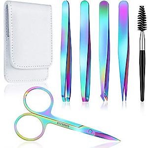 6 Pieces Eyebrow Tweezers Set with Curved Scissors, Eyelash Brush Stainless Steel Brow Remover Tools for Women and Girls, Hair Plucking Daily Beauty Tool with Storage Case (Rainbow Color)