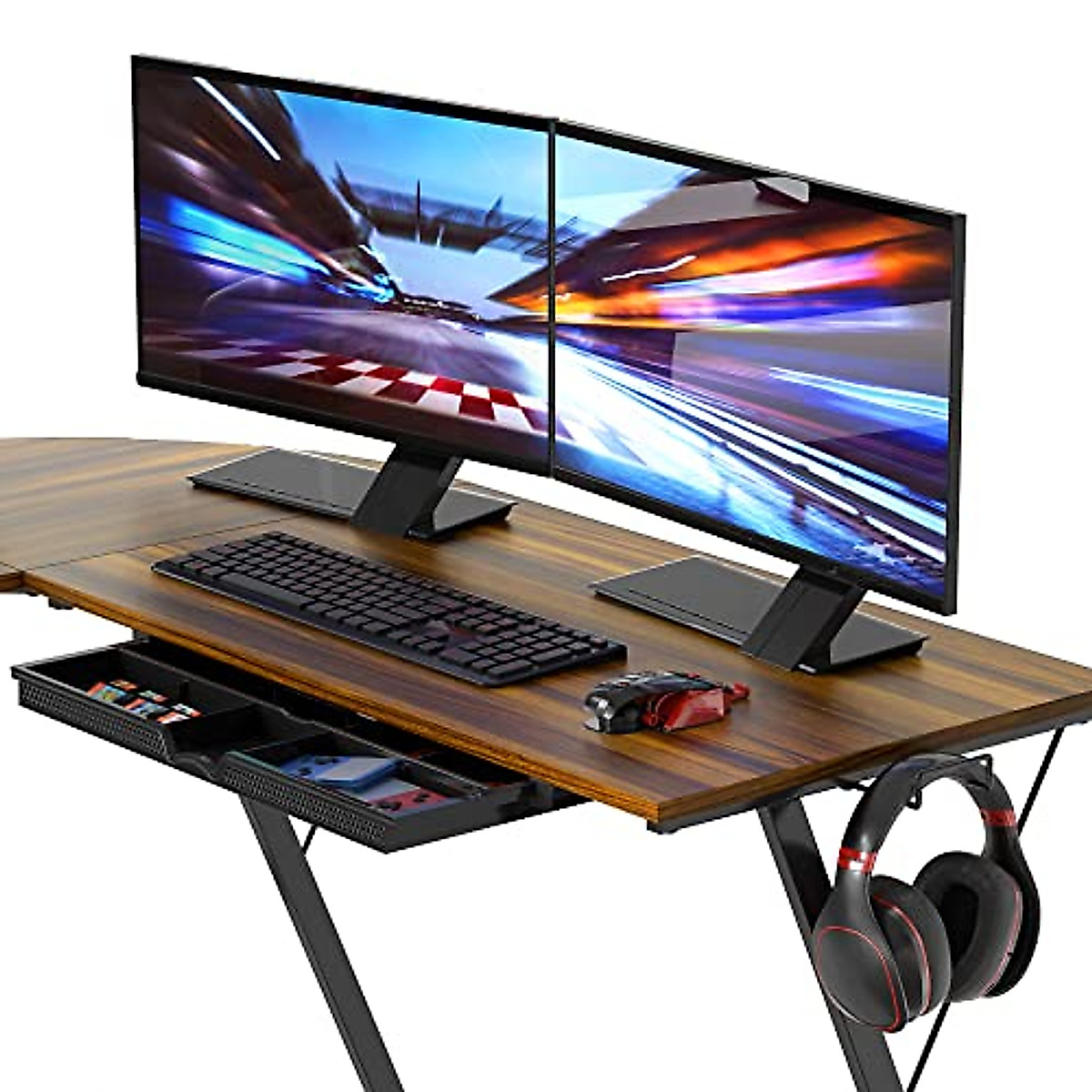 SHW Vista L-Shape Desk with Monitor Stand, Walnut