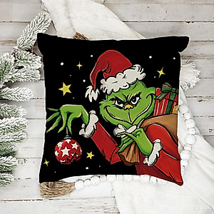 Fahrendom Merry Christmas Decorative Throw Pillow Covers 18 x 18 Set of 4, Xmas Pine Tree Ornament Joy Believe Porch Outdoor Pillowcase, Black Green Polka Dot Winter Holiday Cushion Case Home Decor