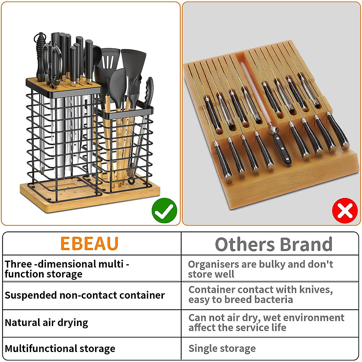 EBEAU Knife Holder + Utensil Holder, Universal Kitchen Bamboo Knife Holder without Knives, Modern Kitchen Countertop Utensil Organizer, Kitchen Knife Block with Scissors Slot and Sharpening Rod Hole