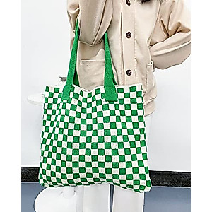 Stizimn Crochet Tote Bag for Women Shoulder Bag Handbags Knitting Hobo Bag Aesthetic Handmade Weaving Large Capacity (Checkerboard Pattern Green)