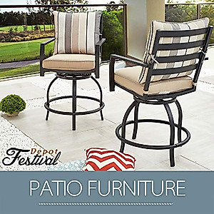 Festival Depot 2pcs Bar Bistro Outdoor Patio Furniture 360° Swivel Chairs Armrest Height Stools with Soft & Comfort Cushion Metal Steel Frame Legs for Lawn Garden Deck Poolside All-Weather (Original)