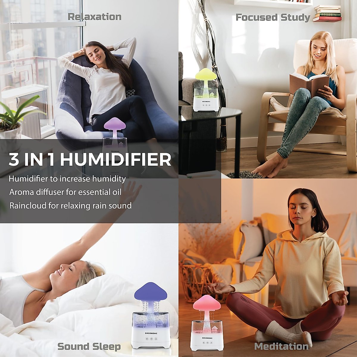 Rain Cloud Humidifier Water Drip, 2X Cool Mist Rate Ultrasonic Aromatherapy Diffuser by Ergonomc: Remote Controlled, 7 Color Night Light, 450ml, Auto Shut Off, Mushroom Humidifier, 1Yr Warranty
