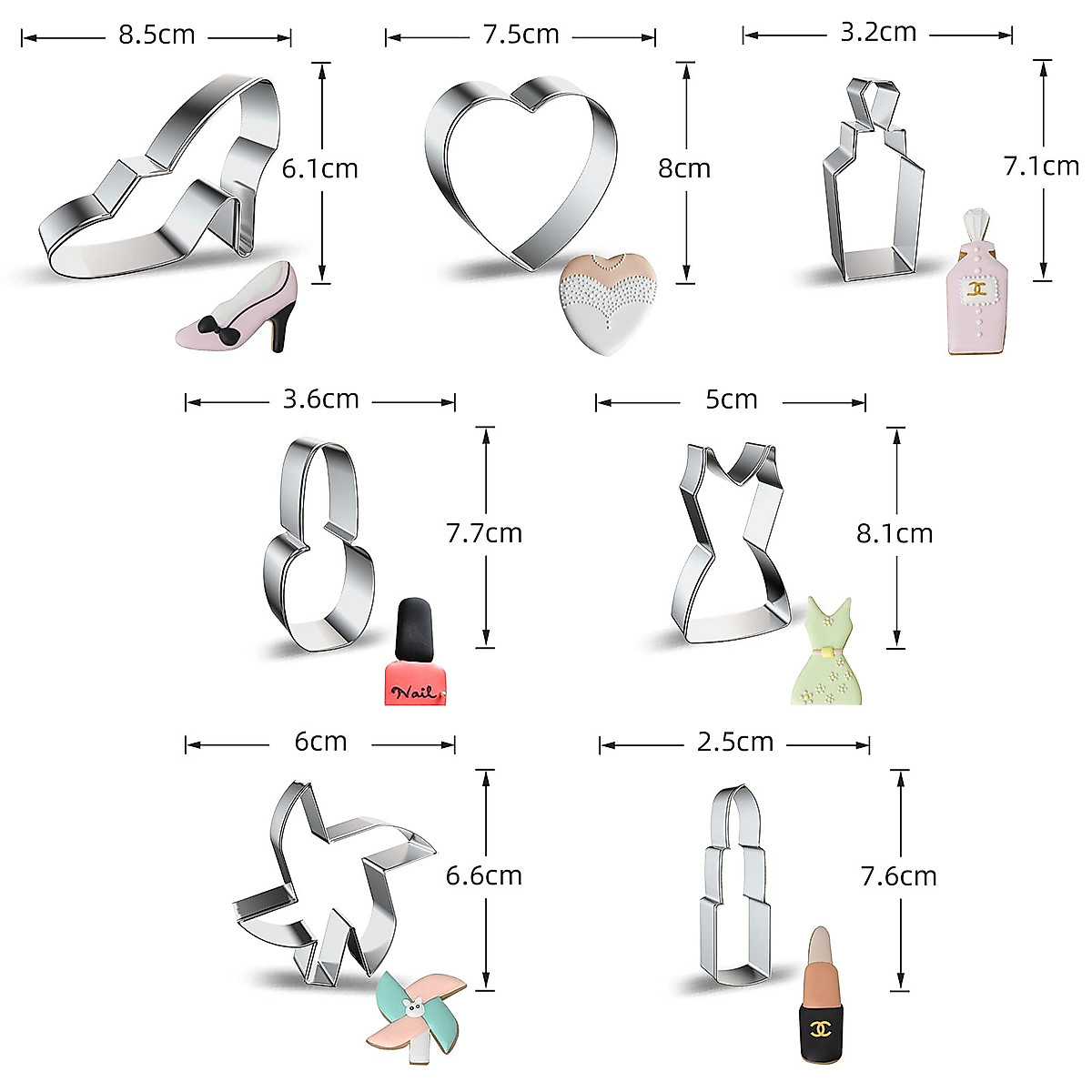 Makeup Dress Up Cookie Cutters Shapes Set of 7 - High Heel, Heart, Perfume, Nail Polish, Dresses, Windmill, Lipstick Shaped Women Girl Ladies Princess Fashion Cookie Cutter for Birthday Valentine Day