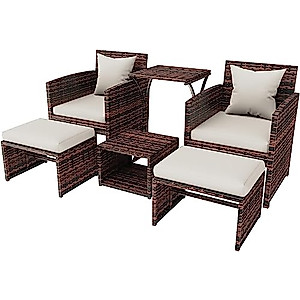 Esmlada 6 Piece Patio Furniture Conversation Set with Ottoman, Outdoor Brown Wicker Chair and Table Set with Beige Cushion, Balcony Furniture for Apartments. (Brown)
