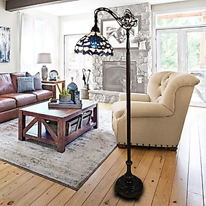 Warehouse of Tiffany TF473-FL12 Vinn 11-inch Blue/White Flower Design Glass/Bronze Tiffany-Style Reading Floor Lamp