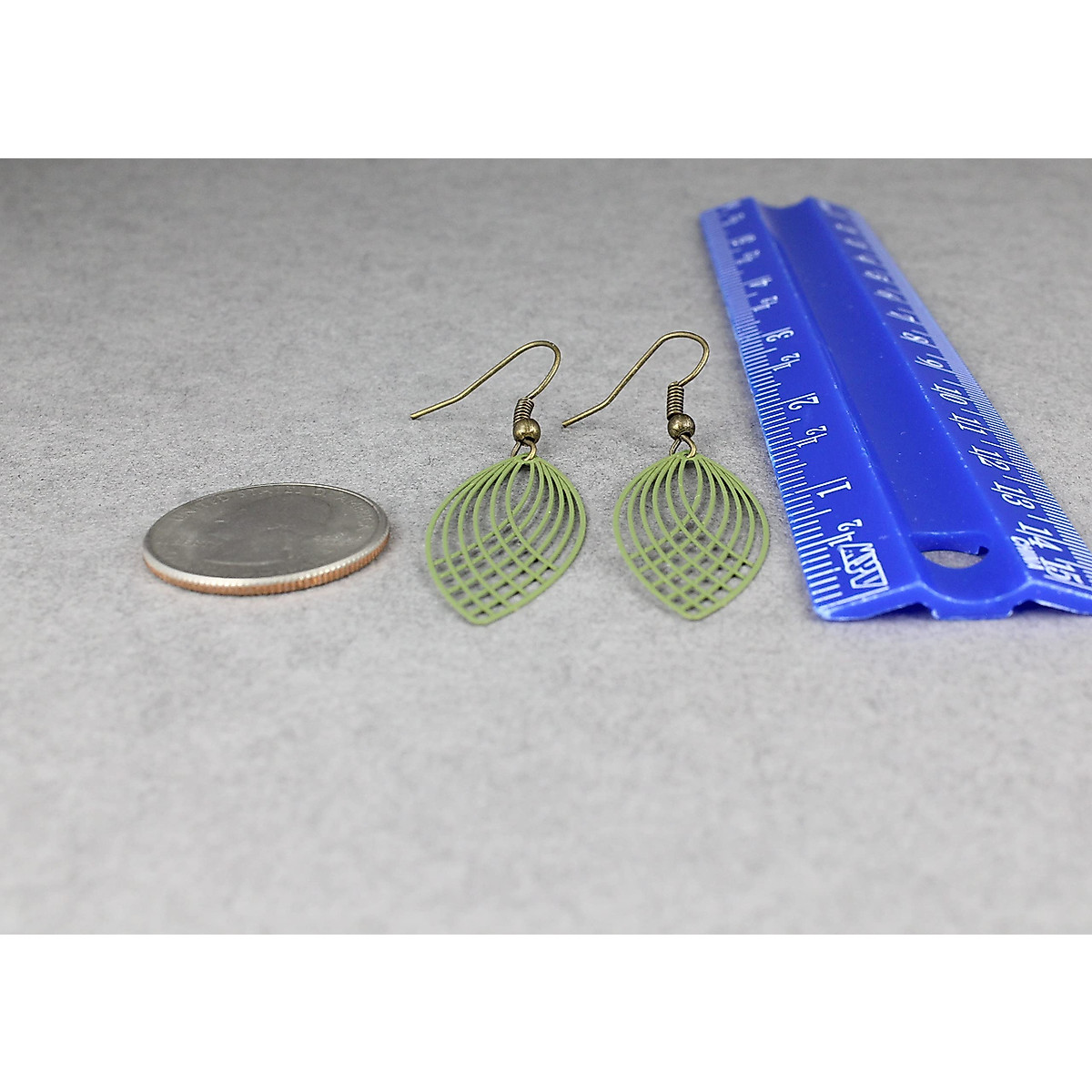 Olive Green earrings teardrop dangle lightweight oval filigree 2 1/4 inches long painted very lightweight