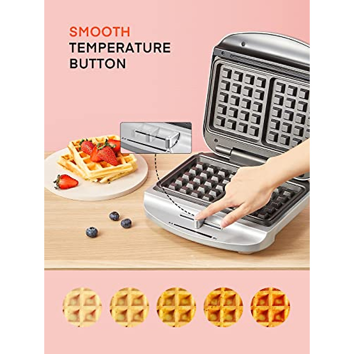 FOHERE Waffle Maker Belgian 1000W, 2 Slice Waffle Iron with Browning Control, Nonstick Plates, Indicator Lights, Cord-Storage