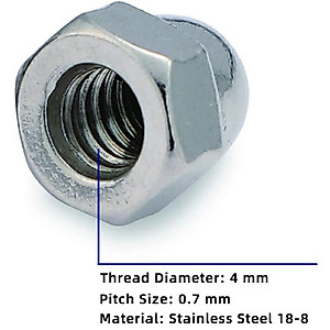 M4-0.7 Metric Acorn Cap Nuts Dome Head Nuts, 304 Stainless Steel 18-8, Plain Finish, 50 PCS