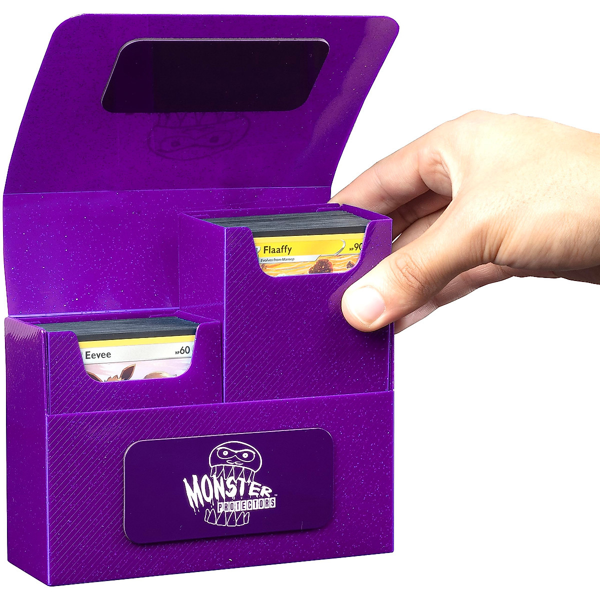 Monster Protectors Magnetic Double Deck Box - Purple Glitter, Holds 150 Gaming TCGs, Self-locking Closure, Compatible w Standard & Smaller Size Gaming Trading Cards, Removable Construction, Gift